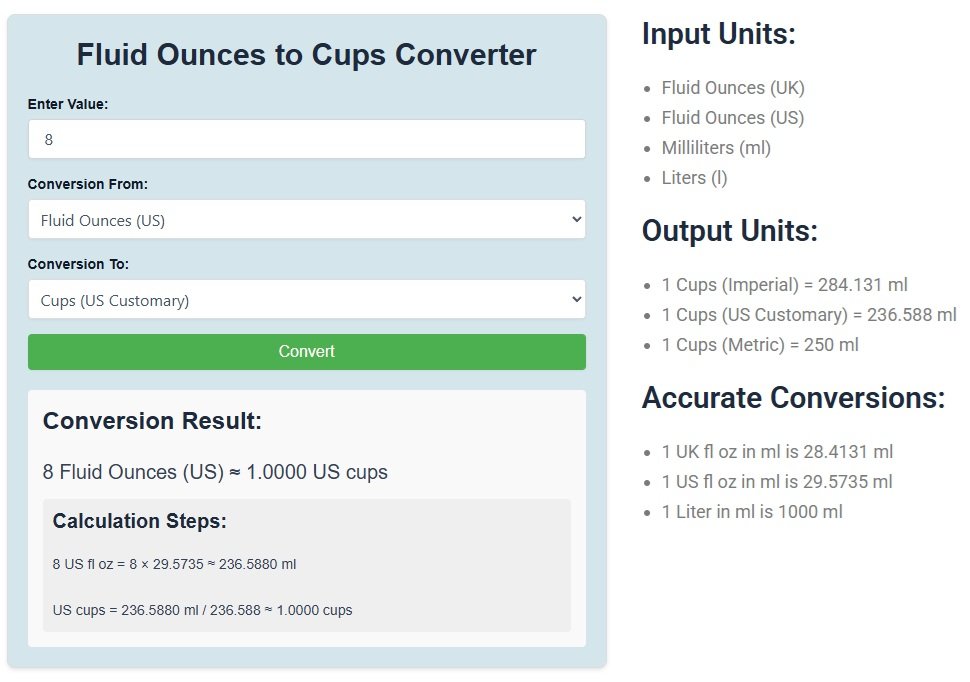Fluid Ounces to Cups Conversion - Education Calculators