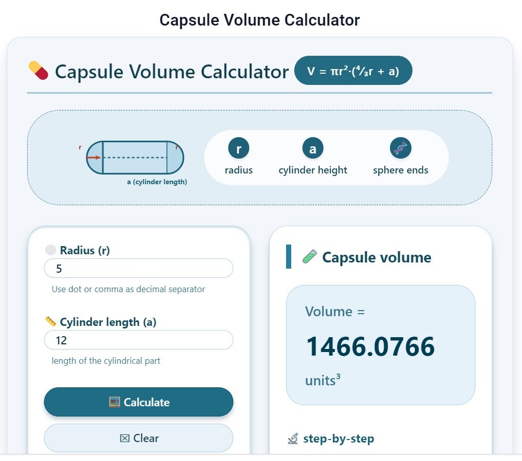 Interactive Capsule Volume Calculator with Diagram